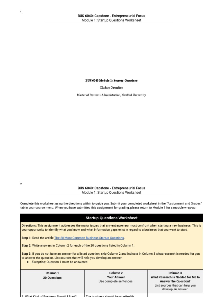 BUS 6140 Module 1 Worksheet - Edited | PDF | Startup Company | Small ...
