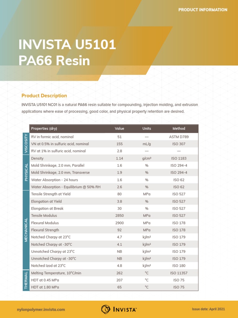 INVISTA U5101 PA66 Technical Data Sheet | PDF | Chemistry | Applied And ...