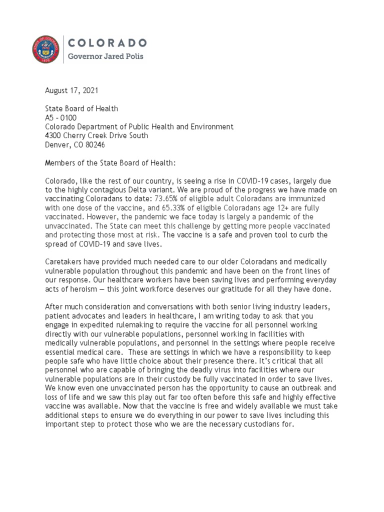 Governor Jared Polis August 17, 2021 State Board of Health Letter | PDF ...