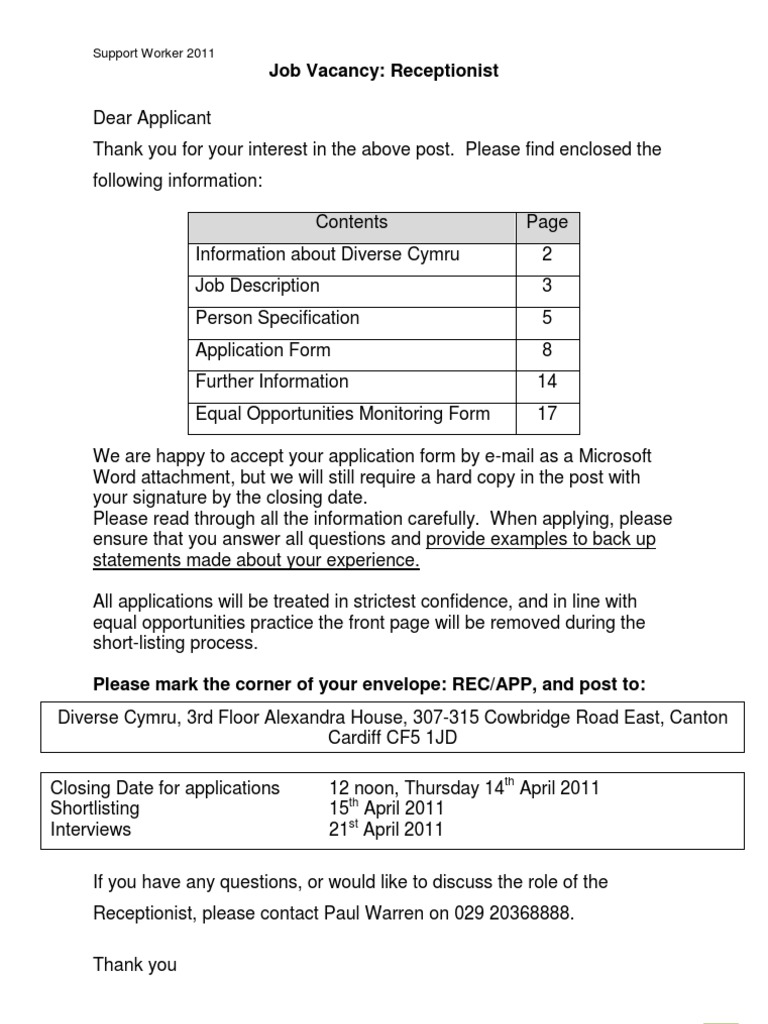 Receptionist Application Pack | Download Free PDF | Equal Opportunity ...