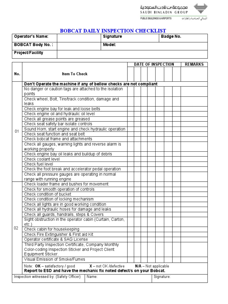 Bobcat Daily Inspection Checklist: Operator's Name: Signature Badge No ...