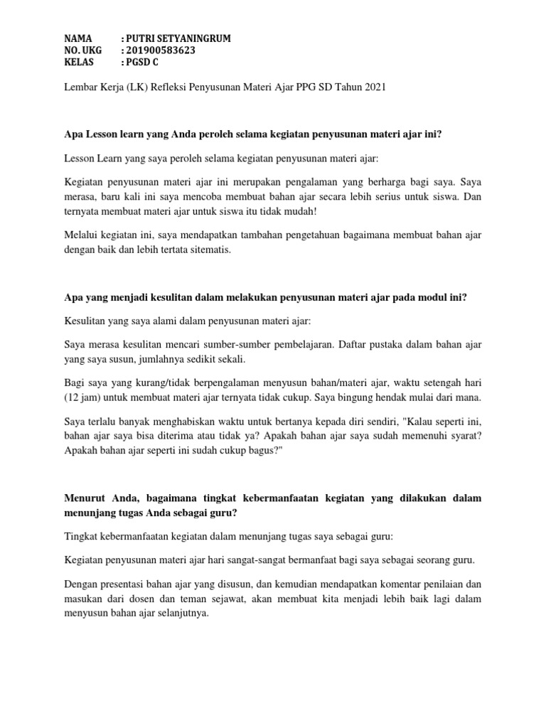 2.b.4. Refleksi Penyusunan Materi Ajar SDC - PUTRI SETYANINGRUM | PDF