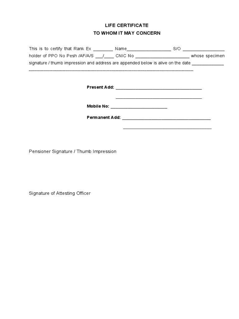 Life Certificate Template for Pensioners | PDF
