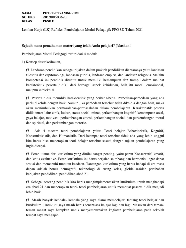 2.c.7. Refleksi Pembelajaran Modul Pedagogik SDC - PUTRI SETYANINGRUM | PDF