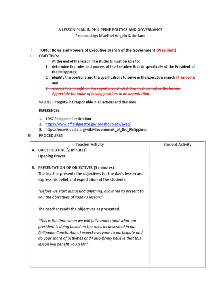 Lesson Plan in Executive Branch Ver. 3 | PDF | Presidents Of The United ...