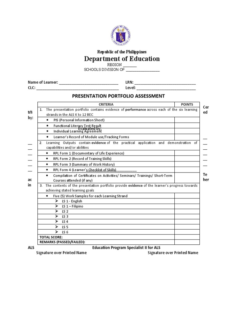 Presentation Portfolio Assessment Attachment 2 1 | PDF | Learning ...