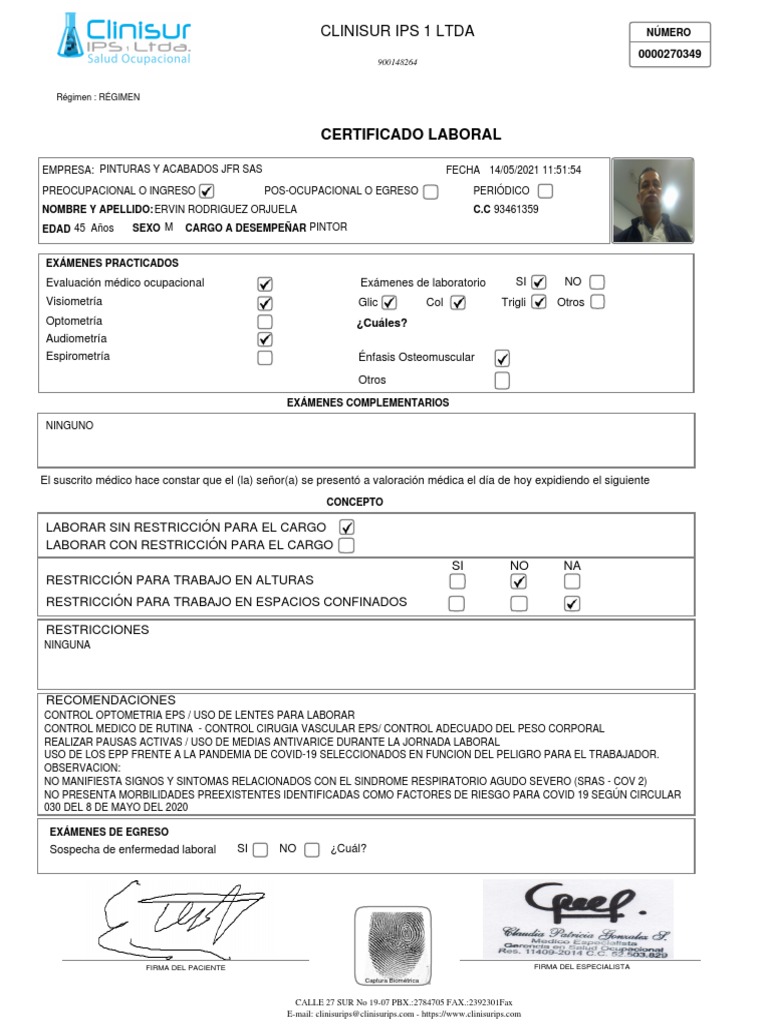 Certificado Laboral: Clinisur Ips 1 Ltda | PDF | Enfermedades y trastornos humanos ...