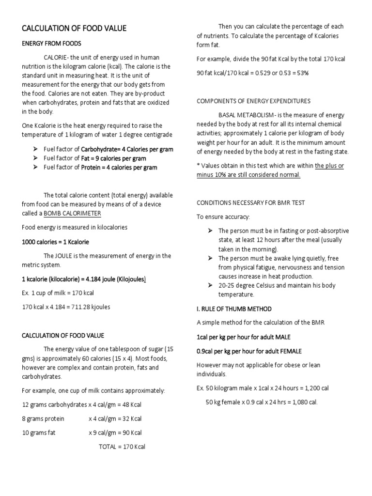 Calculation of Food Value | PDF | Calorie | Food Energy
