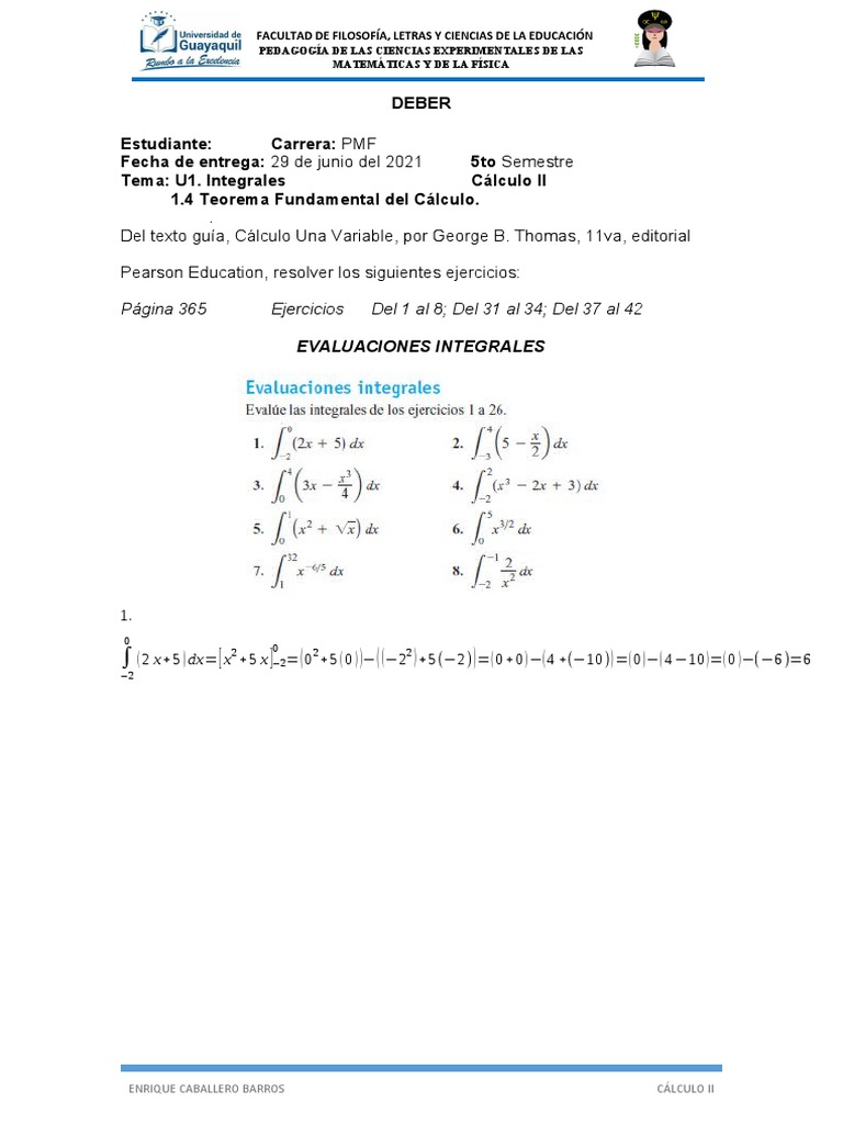 U1 - Deber - IV - Teorema Fundamental Del Cálculo para Enviar | PDF | Integral | Cálculo