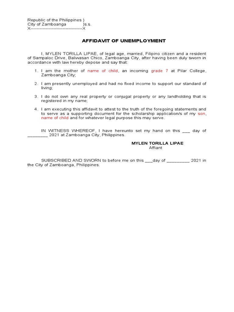 Affidavit of Unemployment: Name of Child Grade 7 | PDF
