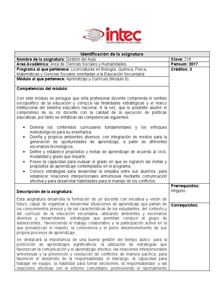 Programa Gestiòn de Aula INTEC | PDF | Plan de estudios | Salón de clases