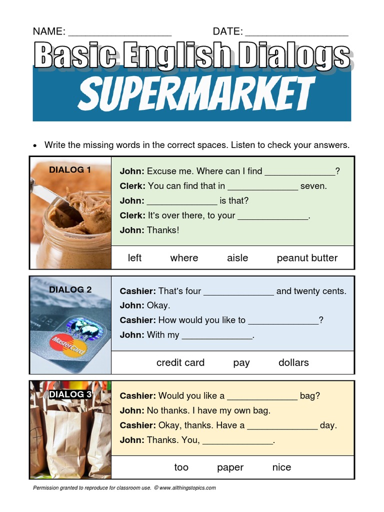 Basic English Dialogs Supermarket | PDF | Human Communication | Linguistics