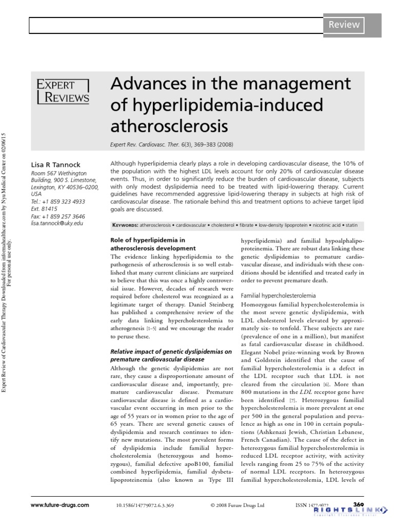 Advances in The Management of Hyperlipidemia-Induced Atherosclerosis ...