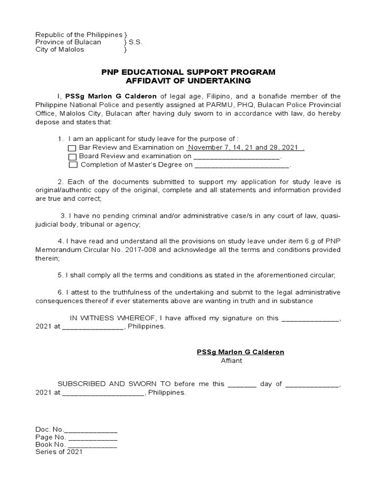 PNP Educational Support Program Affidavit of Undertaking | PDF