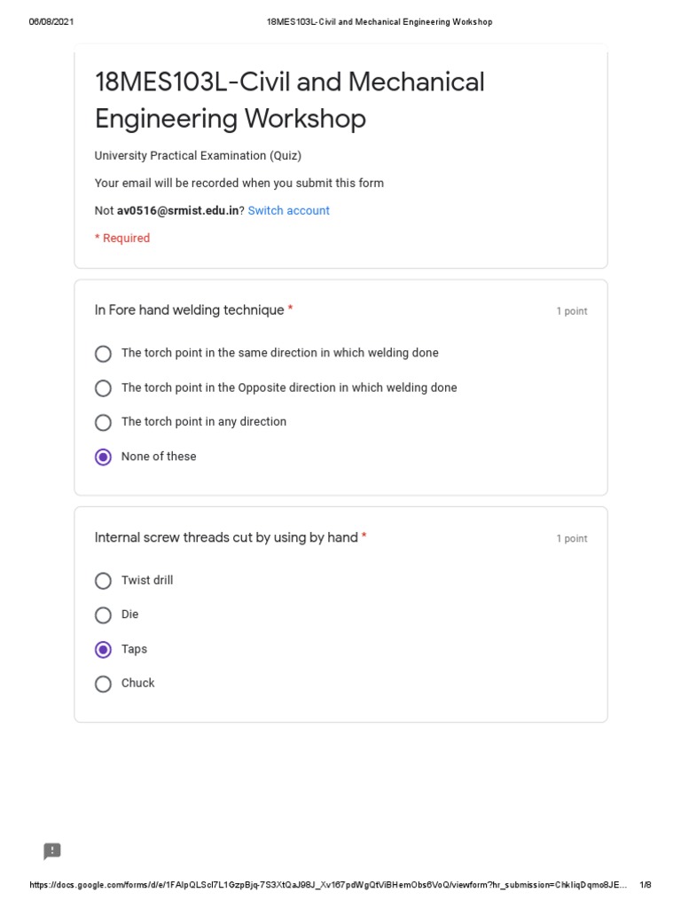 18MES103L-Civil and Mechanical Engineering Workshop | PDF | Welding | Construction