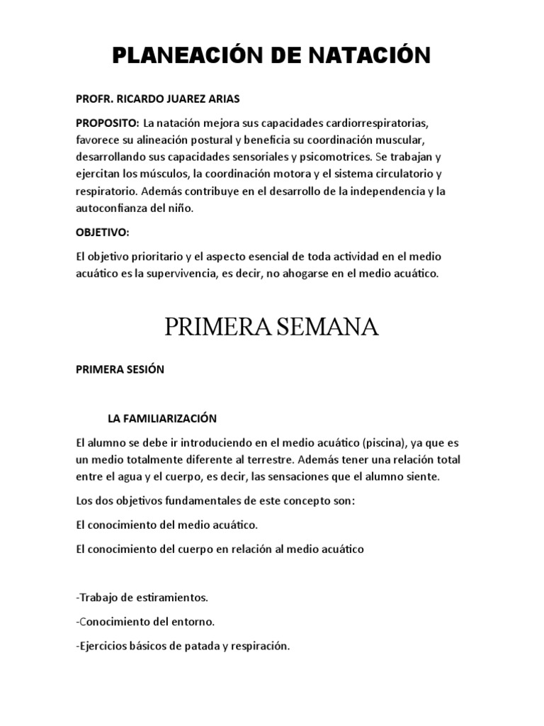 Plan de enseñanza de natación para principiantes que desarrolla las ...
