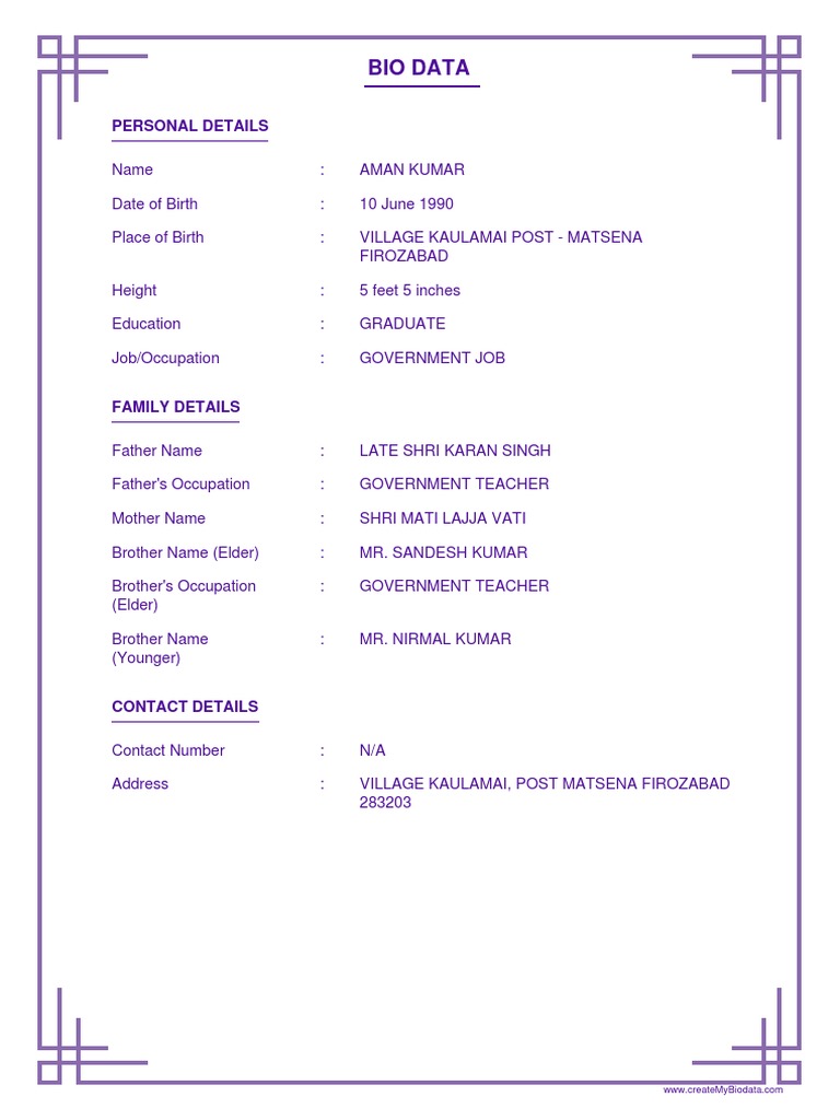AMAN KUMAR - Biodata (By CreateMyBiodata - Com) | PDF