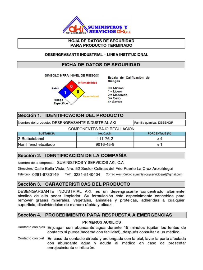 Hoja de Seguridad Desengrasante Aki | Descargar gratis PDF | Agua | Residuos