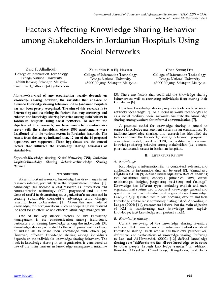 Factors Affecting Knowledge Sharing Behavior Among Stakeholders in Jordanian Hospitals Using ...