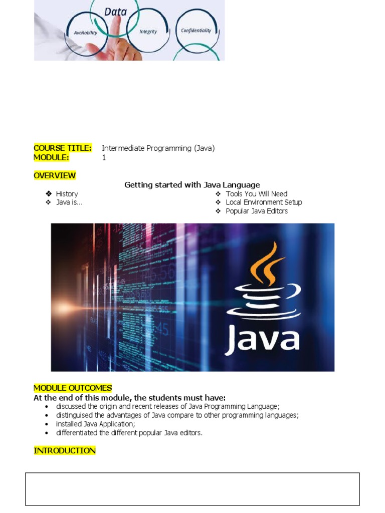Intermediate Programming (Java) 1: Course Title: Getting Started With Java Language | PDF | Java ...
