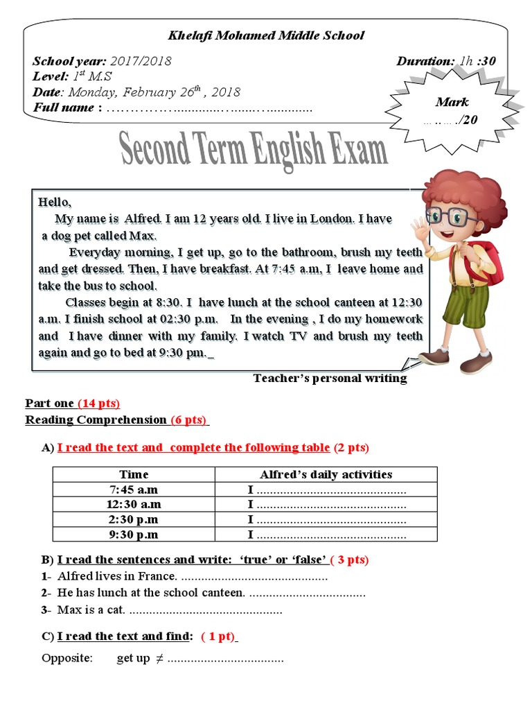 1MS 2nd Exam Khelafi Mohamed School | PDF
