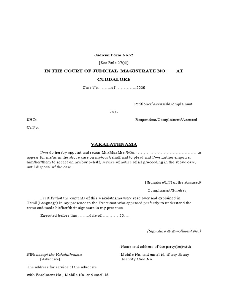 Court Vakalatnama Form | PDF