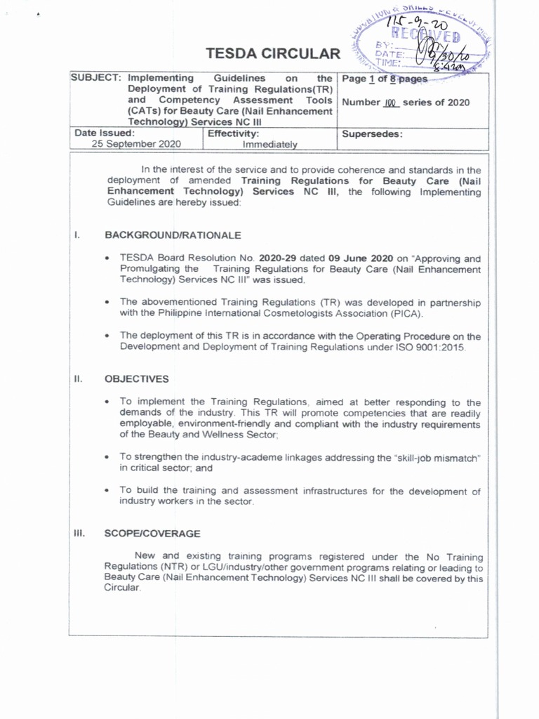 TESDA Circular No. 100 Implementing Guidelines On The Deployment of TR ...