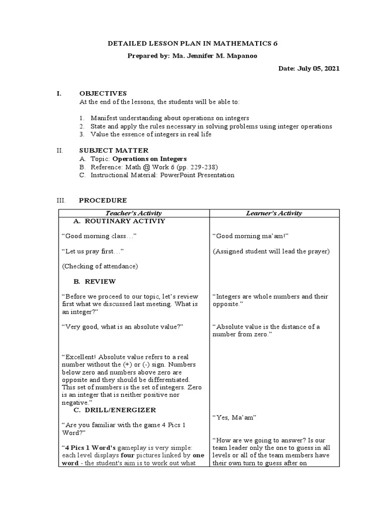 Detailed Lesson Plan in Mathematics 6 | PDF | Subtraction | Elementary ...