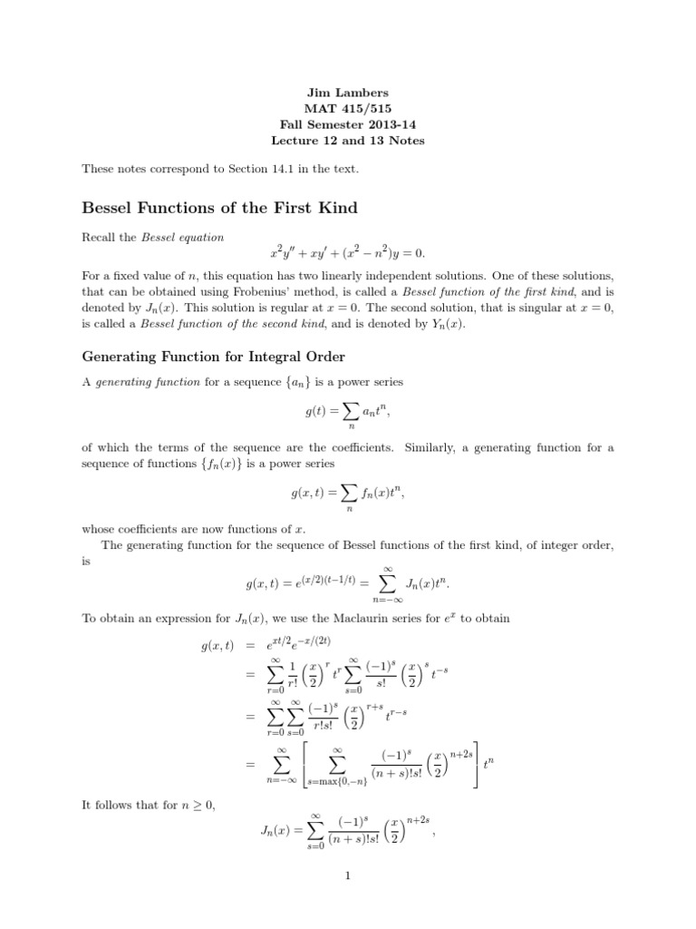 Bessel Functions of The First Kind | PDF | Partial Differential Equation | Recurrence Relation