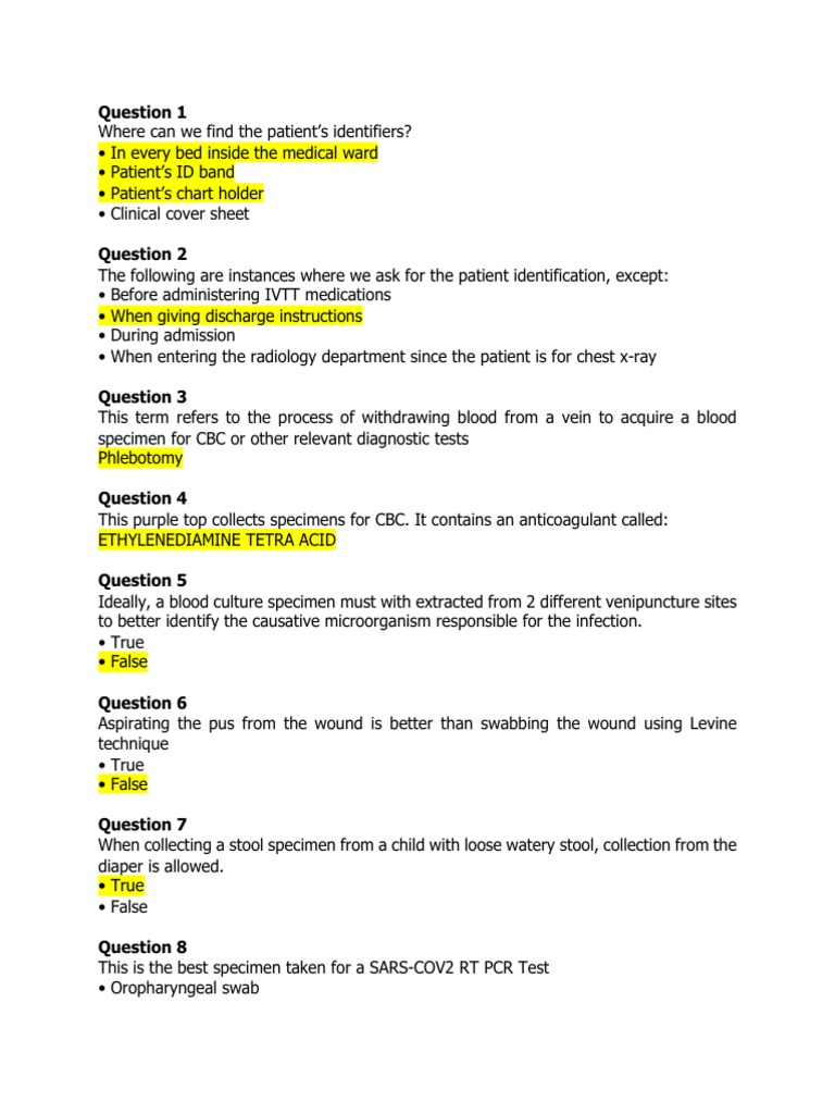 Collecting Labelling Handling Care of Speciment Quiz | PDF | Medicine ...