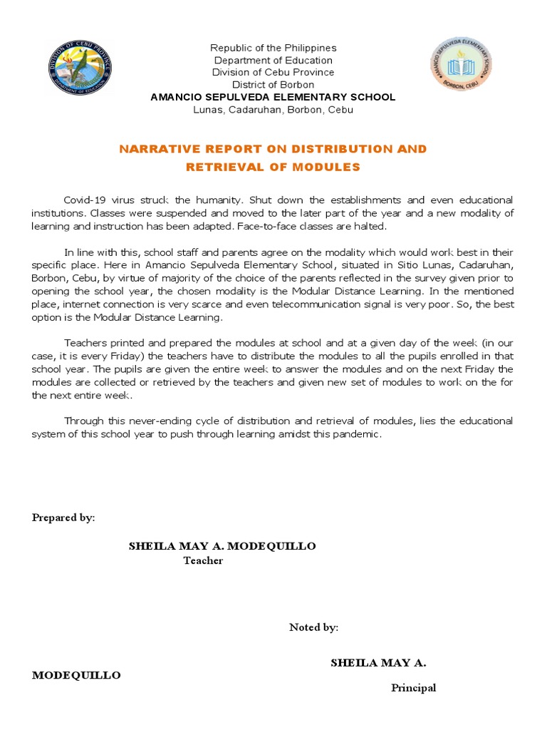 Narrative Report On Distribution and Retrieval of Modules: Amancio ...