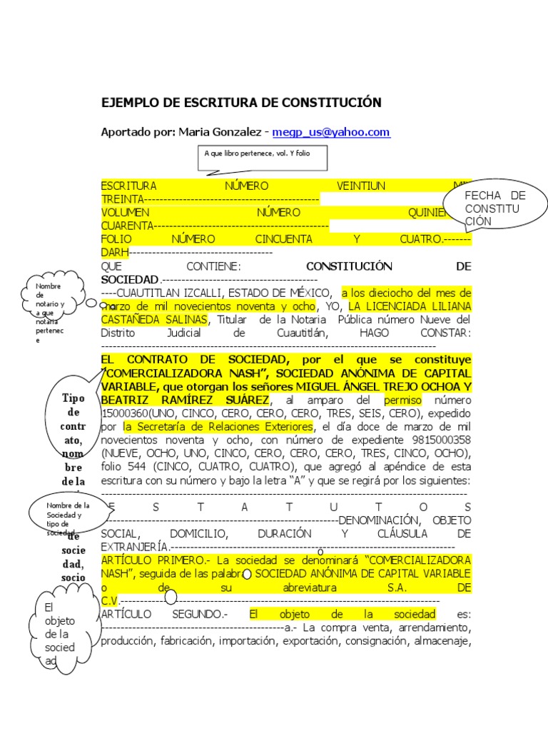 Ejemplo de Escritura de Constitucion | PDF | Sociedad de responsabilidad limitada | Compartir ...