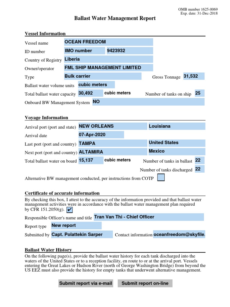 Ballast Water Management Report: Vessel Information | PDF | Volume | Port