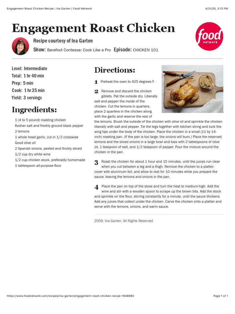 Engagement Roast Chicken Recipe - Ina Garten - Food Network | PDF ...
