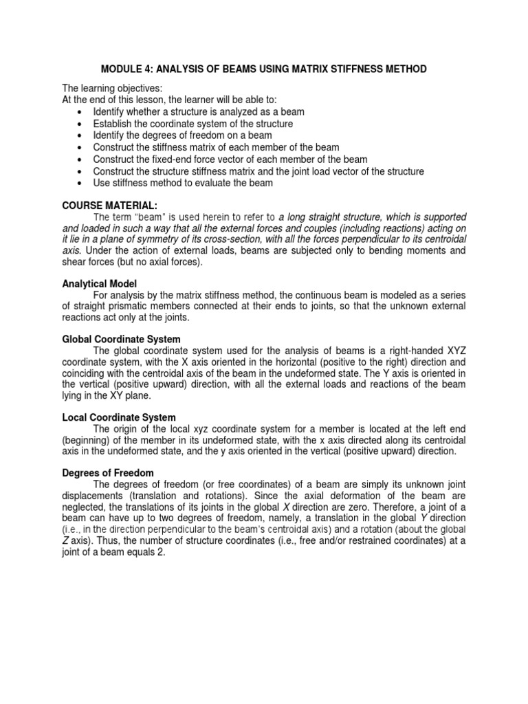 Module 4 - Analysis of Beams Using Matrix Stiffness Method | Download Free PDF | Bending | Beam ...