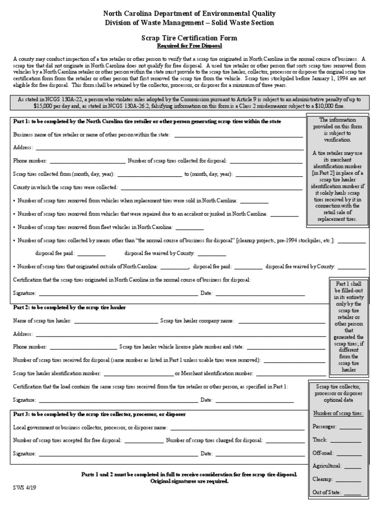 NC Scrap Tire Certification Form | PDF | Tire | Waste Management