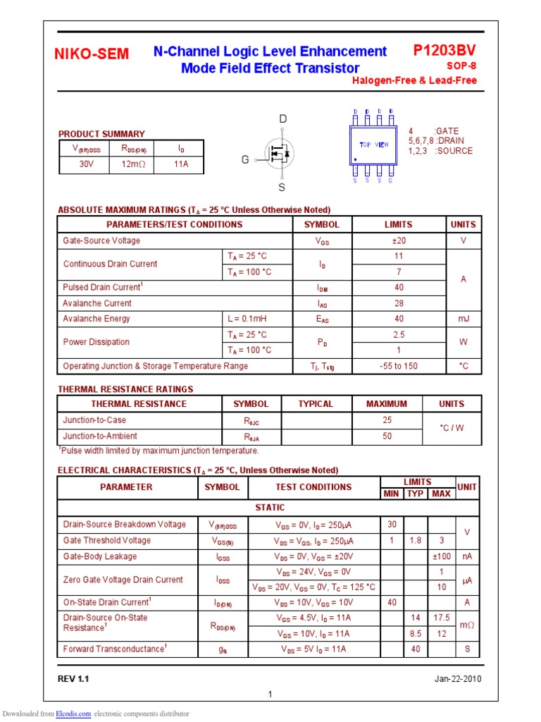 P1203BV Niko-Sem: N-Channel Logic Level Enhancement Mode Field Effect Transistor | Download Free ...