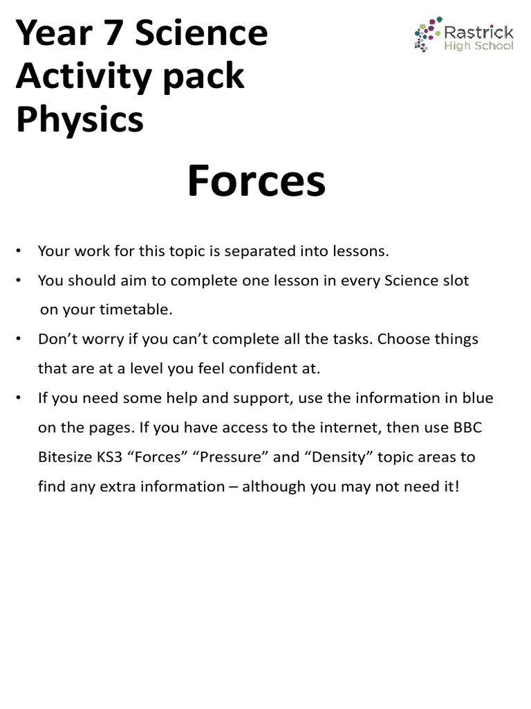 Year 7 Science Forces Activity Pack | PDF | Weight | Mass