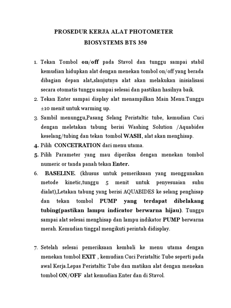 Prosedur Kerja Alat Photometer BTS 350 | PDF