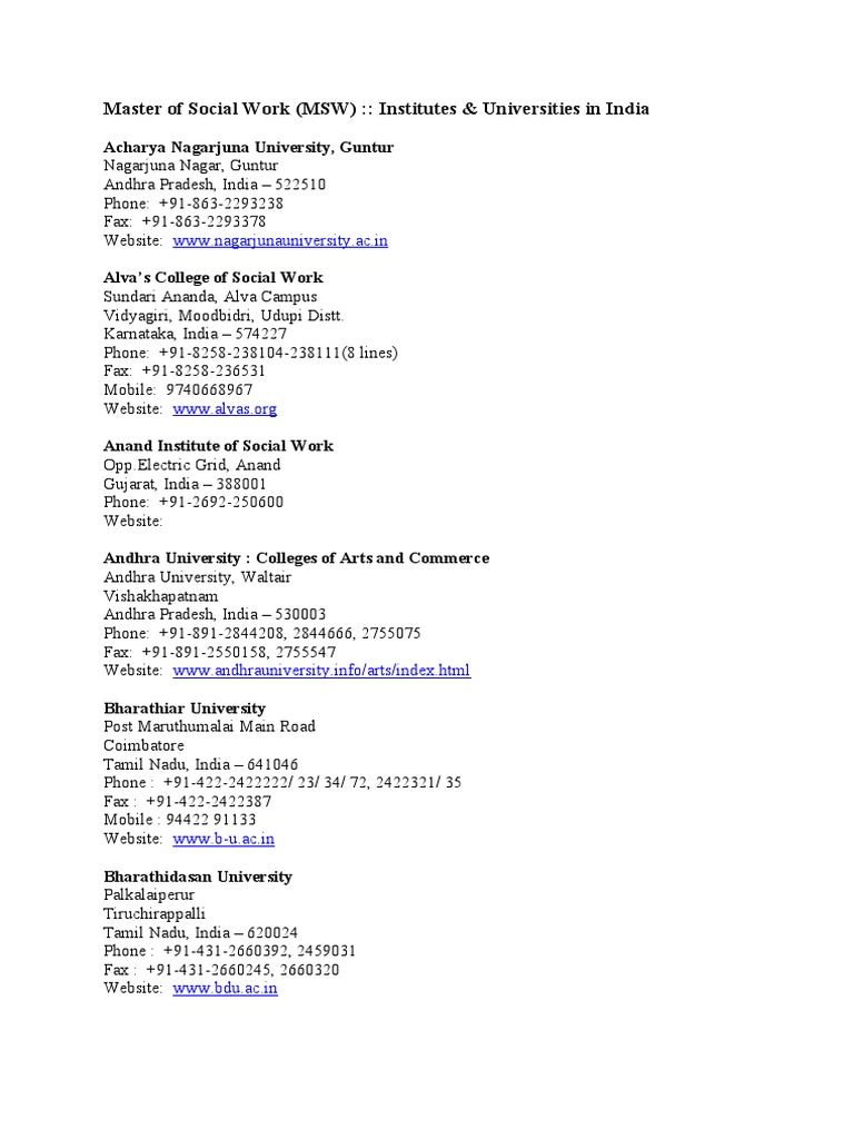 MSW Colleges in India | PDF