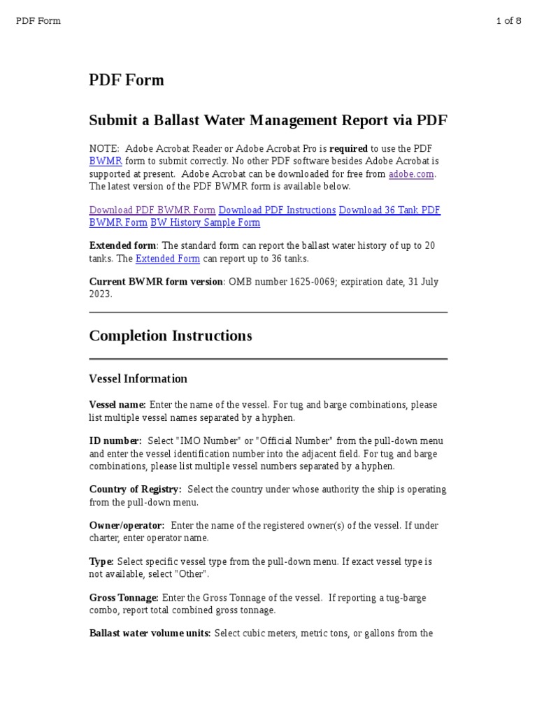Ballast Water Management Report Form | PDF | Tonnage | Water