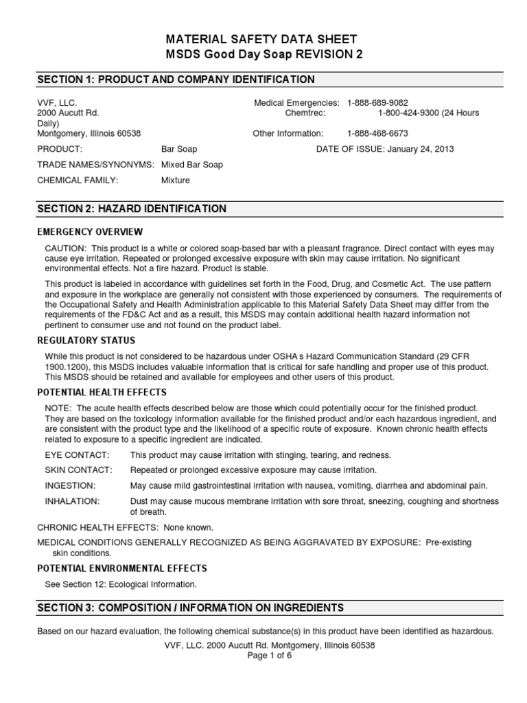 Material Safety Data Sheet Msds Good Day Soap Revision 2: Section 1 ...