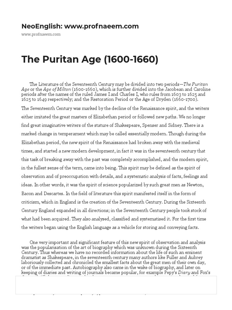 The Puritan Age (1600-1660) - NeoEnglish | PDF | John Milton | Thomas ...