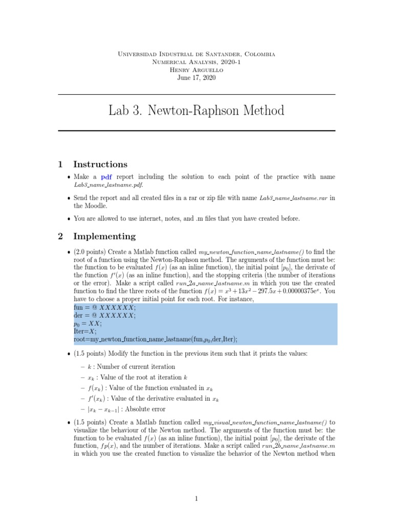 Lab 3. Newton-Raphson Method: 1 Instructions | PDF | Numerical Analysis ...