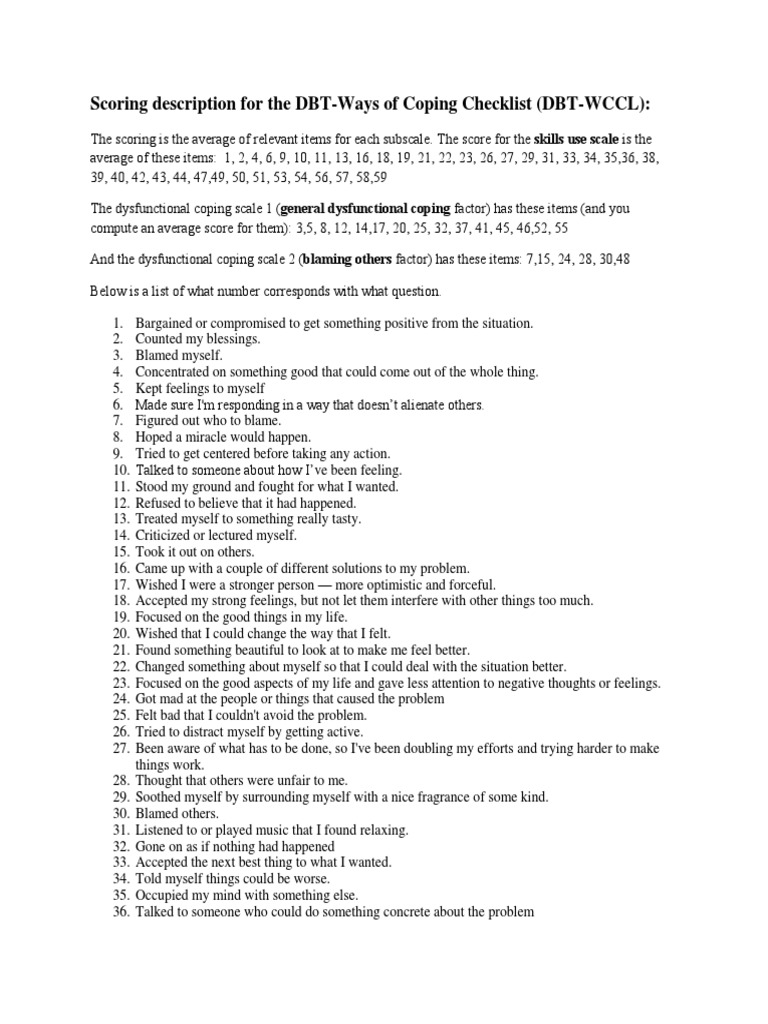 Scoring Description For The DBT-Ways of Coping Checklist (DBT-WCCL ...