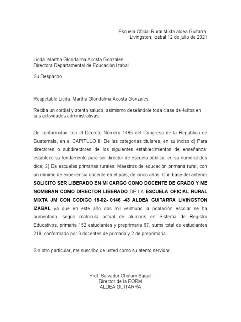 Modelo de Solicitud para Director Liberado | PDF | Educación primaria