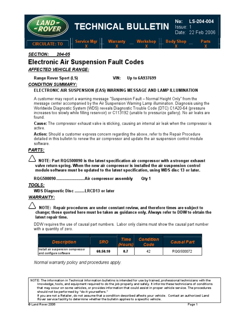 Land Rover C1A20-64 Air Suspension Fault | PDF | Vehicles ...