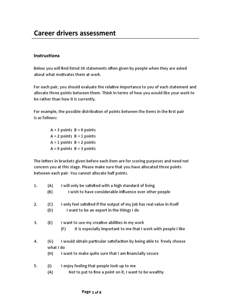 Career Drivers Assessment: Instructions | PDF | Creativity | Motivational
