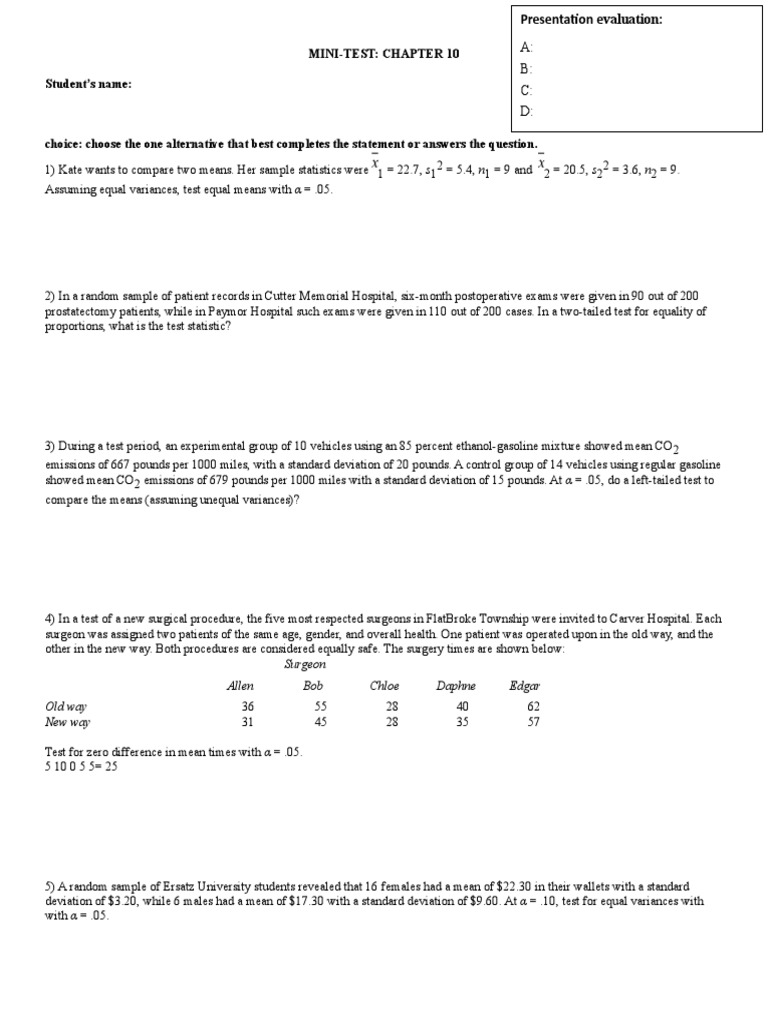 Mini-Test: Chapter 10 Student's Name:: A: B: C: D | PDF | Standard ...