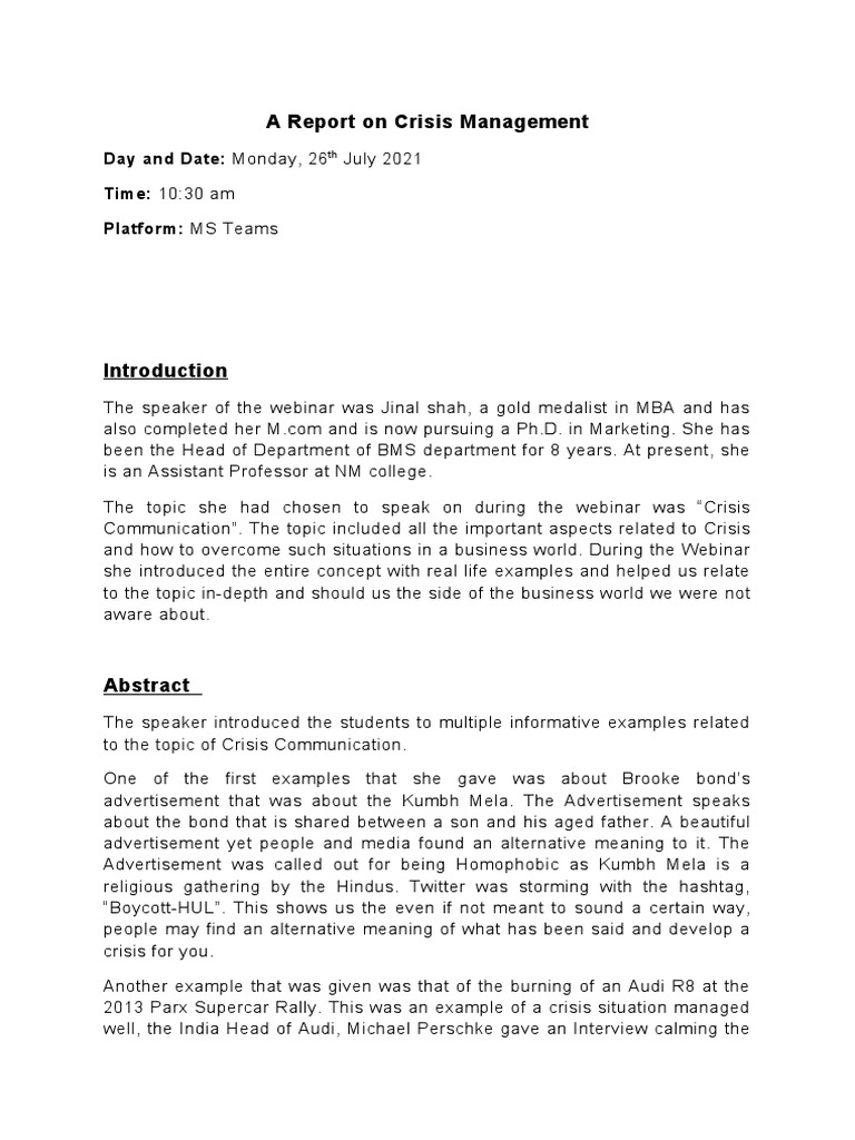 A Report On Crisis Management | PDF | Crisis Management | Advertising